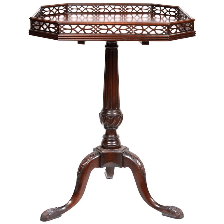 English Octagonal Chippendale Style Tilt Top Silver Table with Pierced ...