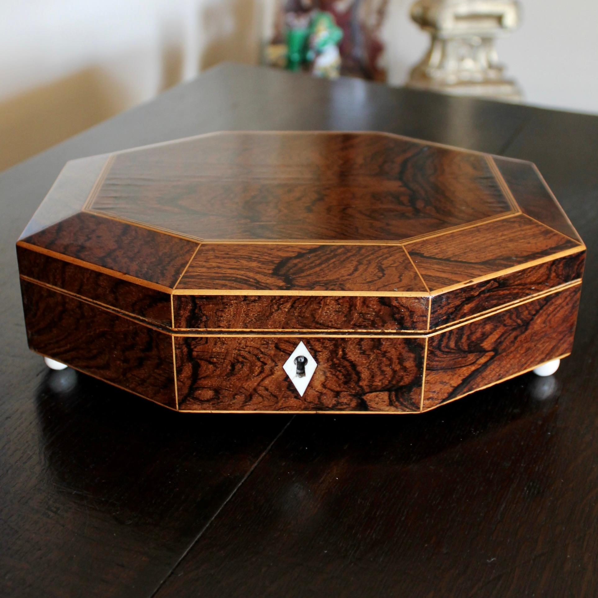 English Octagonal Rosewood with Boxwood Line Inlay Jewelry Box For Sale ...