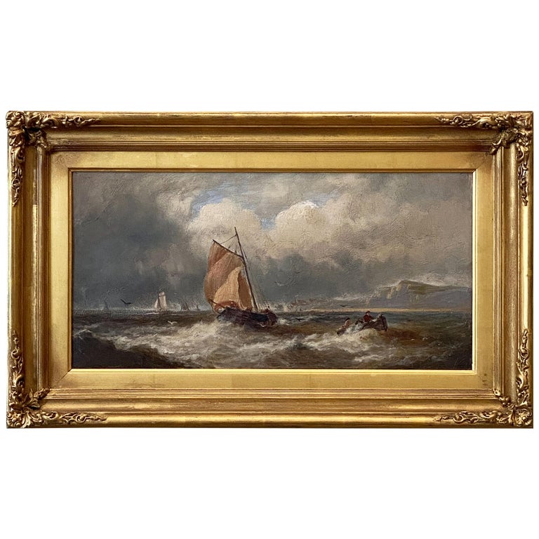 English Oil Painting Seascape or Ocean Scene with Ship in Gilt Frame at ...