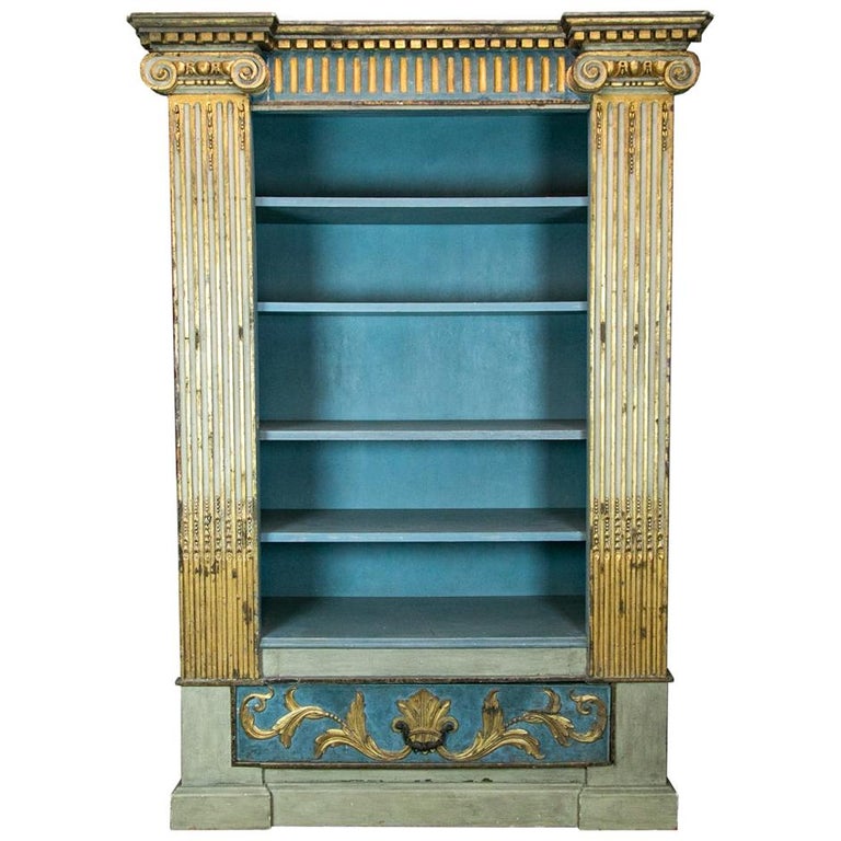 English Painted and Gilt Open Architectural Bookcase at 1stDibs