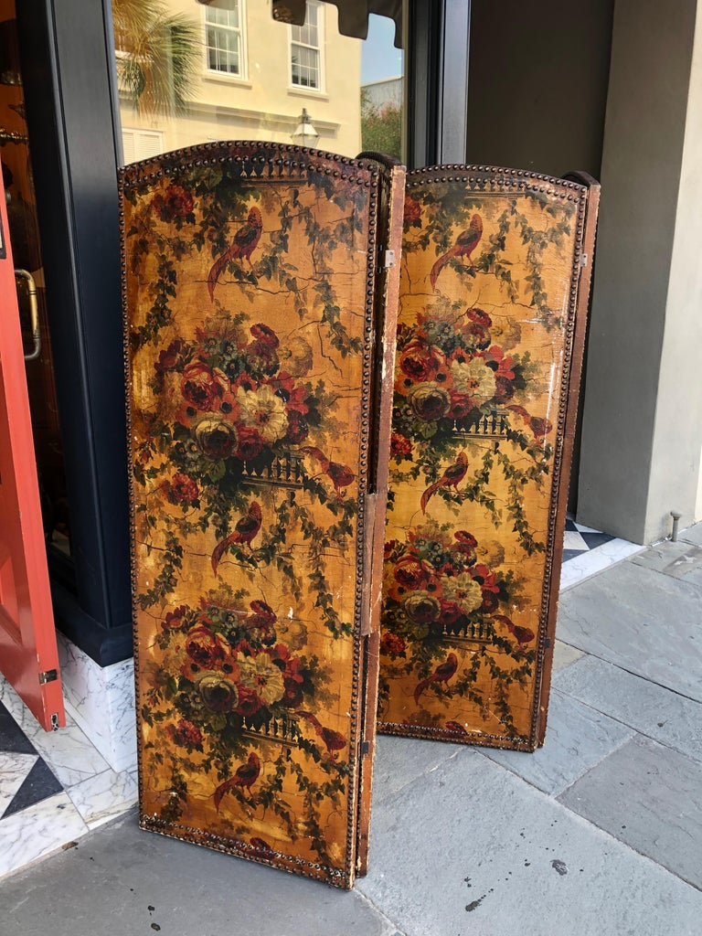 English Painted Screen with Bird and Flower Motif For Sale at 1stDibs