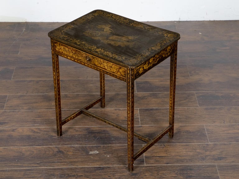 English Penwork Side Table with Eros in Cart Drawn by Goats and Single ...