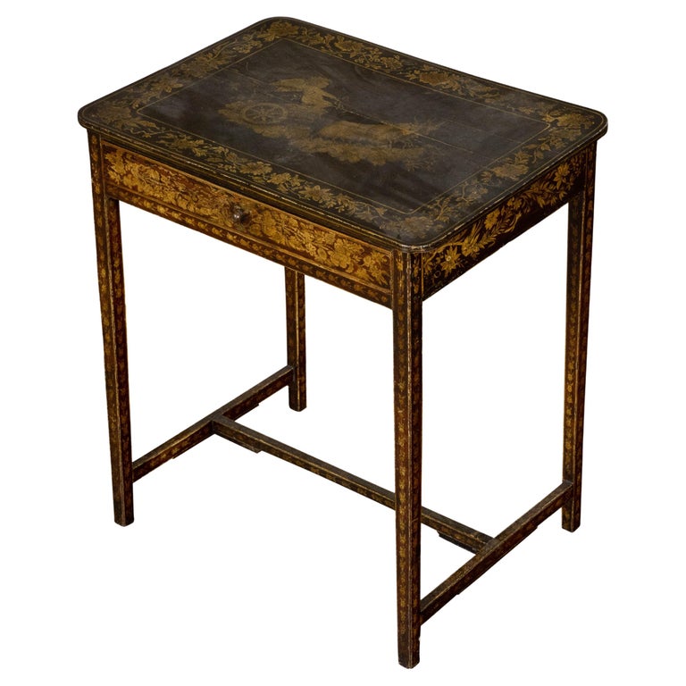 English Penwork Side Table with Eros in Cart Drawn by Goats and Single ...