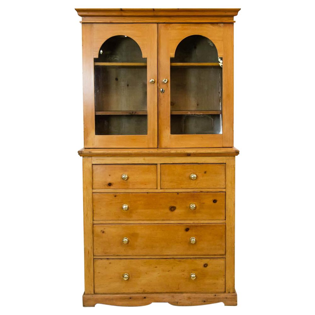 English Country Style Two-Part Step Back Pine Cupboard with Glass Doors ...