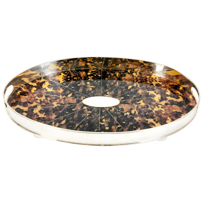 English Plated Tortoise Shell Interior Barware Footed Oval Tray at 1stDibs
