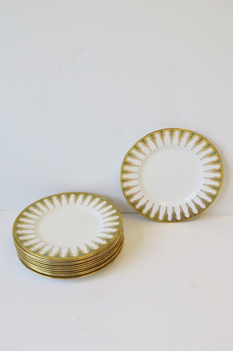 English Porcelain Dinner Plates in White Gold and Blue, Set of 12 ...