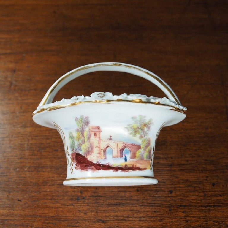 English Porcelain Potpourri Basket with Scenes, c. 1825 For Sale at 1stDibs
