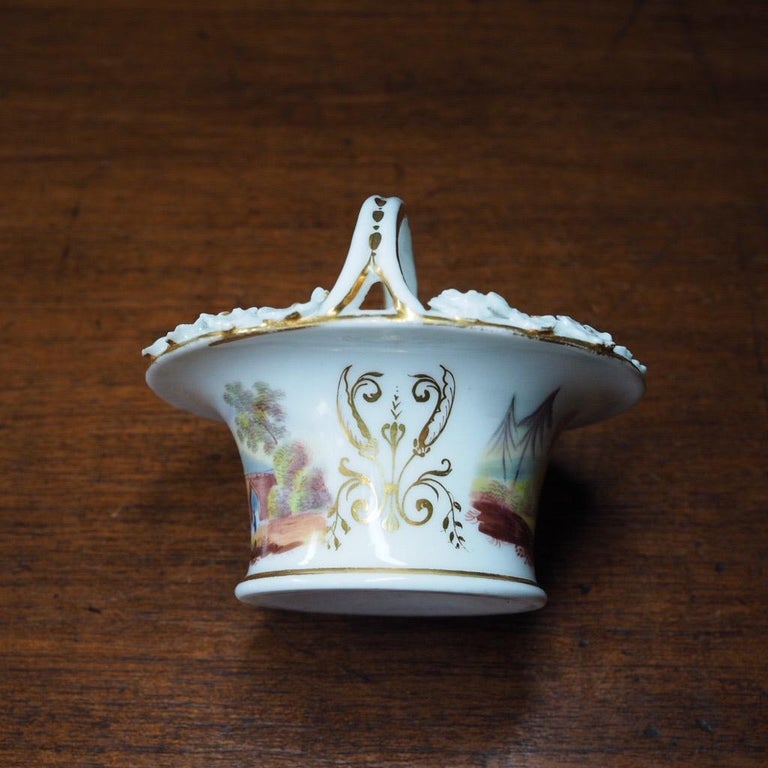English Porcelain Potpourri Basket with Scenes, c. 1825 For Sale at 1stDibs