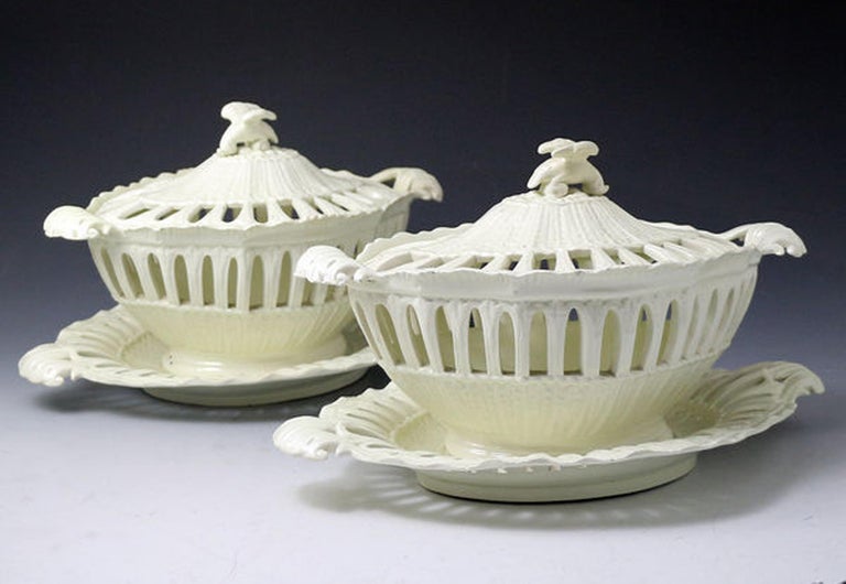 English Pottery Creamware Openwork Covered Fruit Baskets and Stands at ...