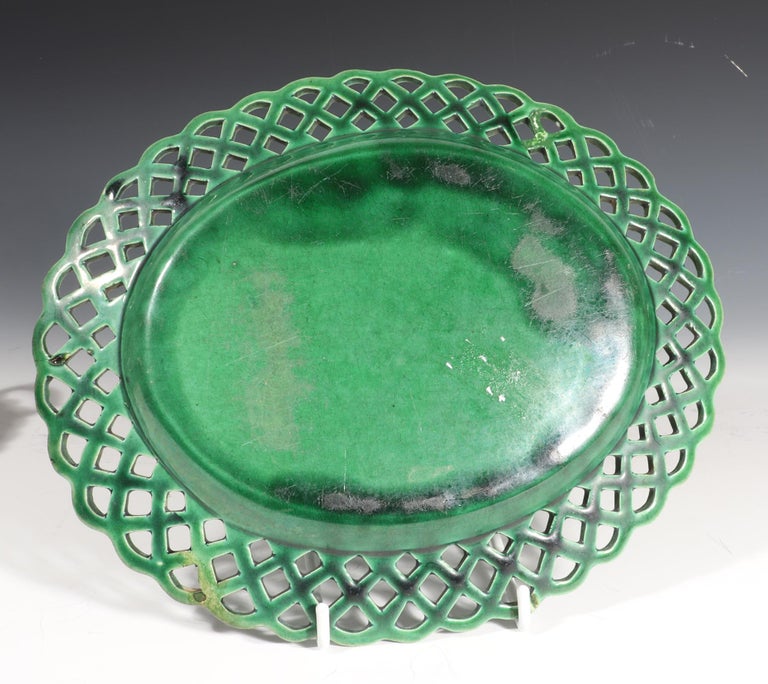English Pottery Green-Glazed Openwork Basket and Stand For Sale at 1stDibs