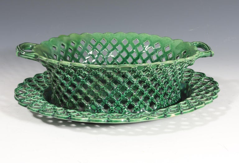 English Pottery Green-Glazed Openwork Basket and Stand For Sale at 1stDibs