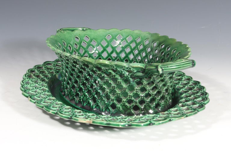 English Pottery Green-Glazed Openwork Basket and Stand For Sale at 1stDibs
