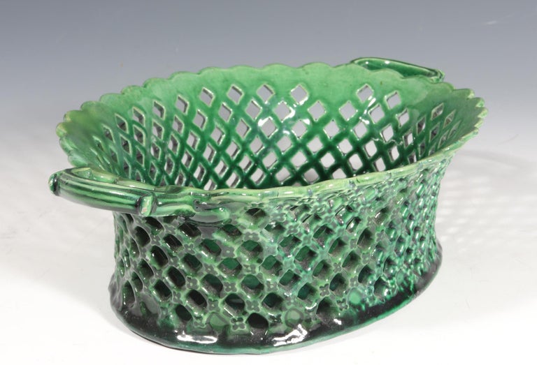 English Pottery Green-Glazed Openwork Basket and Stand For Sale at 1stDibs
