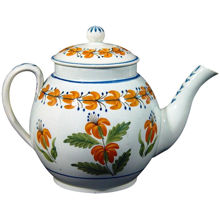 Early English pottery surface decorated creamware teapot in mocha ...
