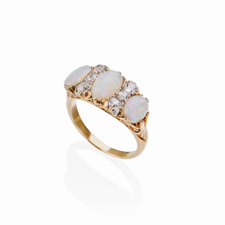 English Precious Opal and Diamond Three Stone Ring For Sale at 1stDibs