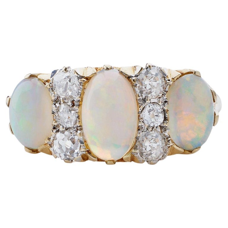 English Precious Opal and Diamond Three Stone Ring For Sale at 1stDibs