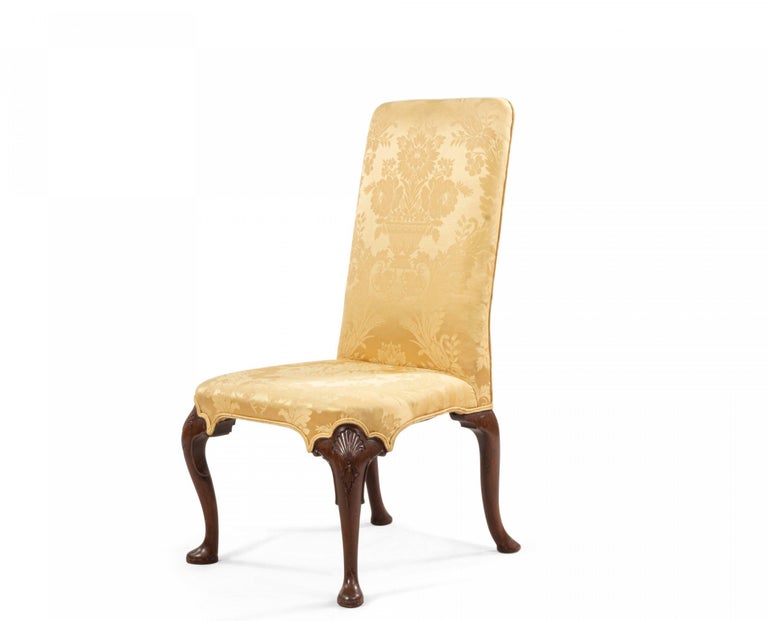 English Queen Anne Yellow Damask Upholstered Side Chairs at 1stDibs