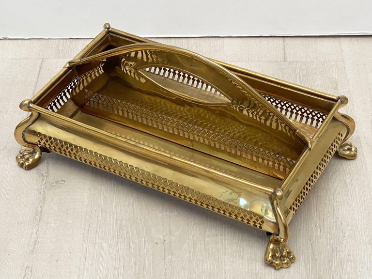 English Rectangular Cutlery Tray of Brass on Lion's Paw Feet at 1stDibs