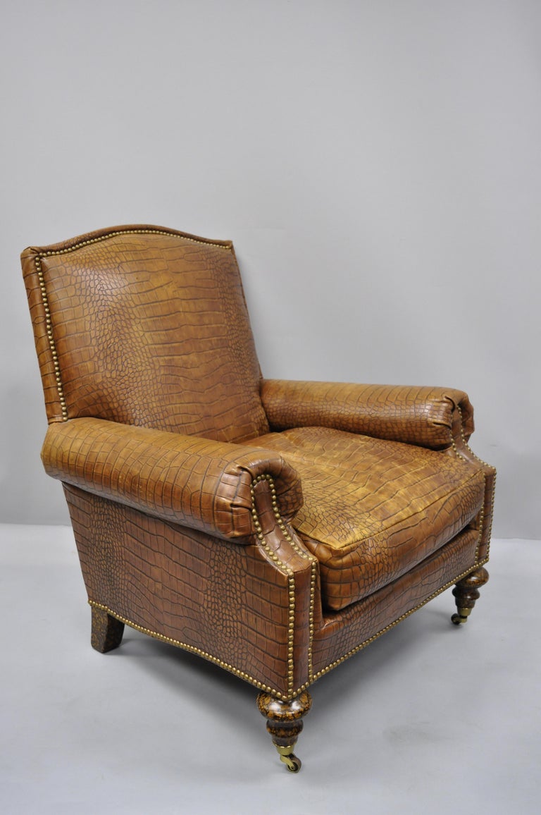 English Regency Brown Leather Gator Embossed Lounge Chair and Ottoman ...