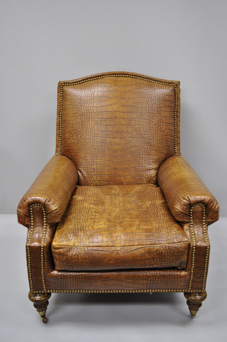 English Regency Brown Leather Gator Embossed Lounge Chair and Ottoman ...