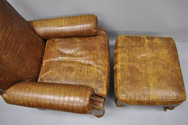 English Regency Brown Leather Gator Embossed Lounge Chair and Ottoman ...