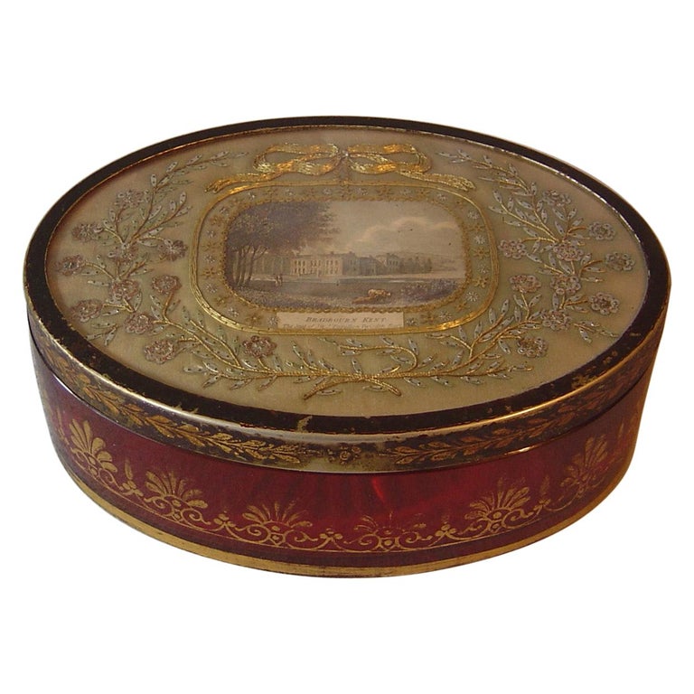 English Regency Cranberry Glass and Toleware Box with Inset Embroidery ...
