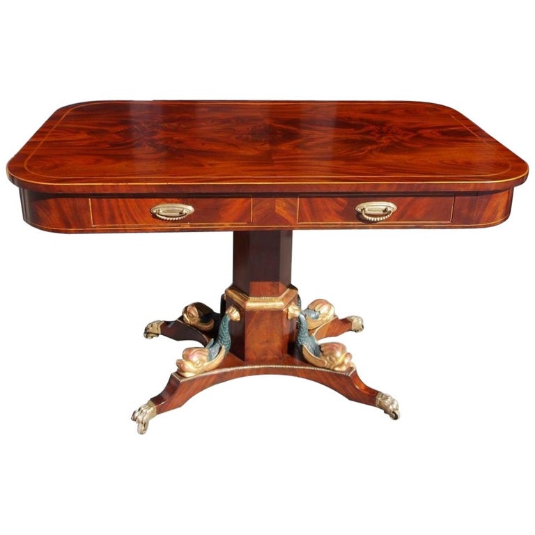 English Regency Mahogany Gilt and Inlaid Four-Drawer Library Table ...