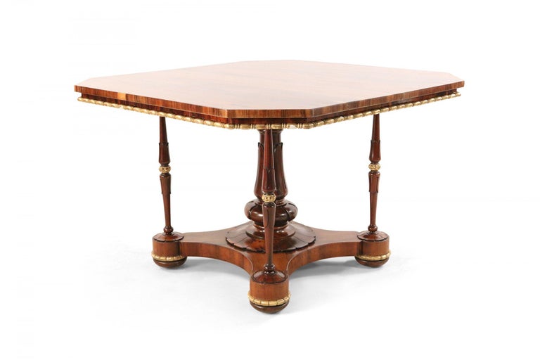 English Regency Square Canted Corner Walnut and Brass Trim Center Table ...