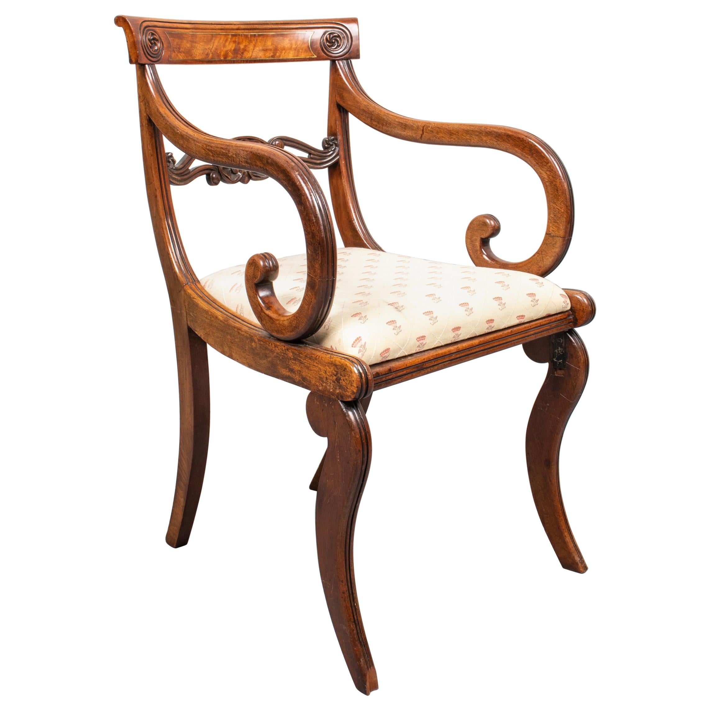 Pair of English Regency Style Brass Inlaid Oak and Cane Armchairs For ...