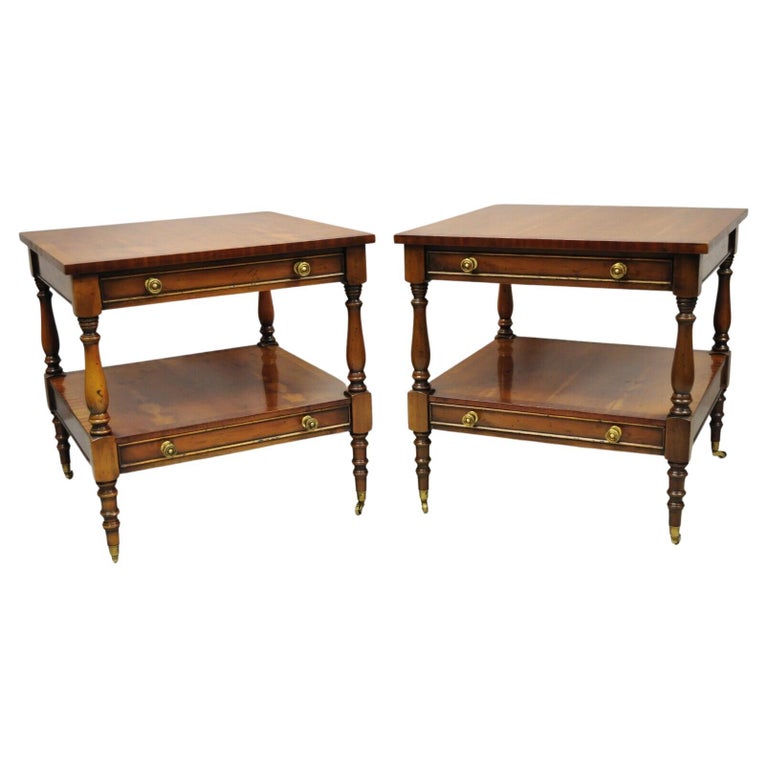 English Regency Style Yew Wood Two Drawer Banded Side End Tables, a ...