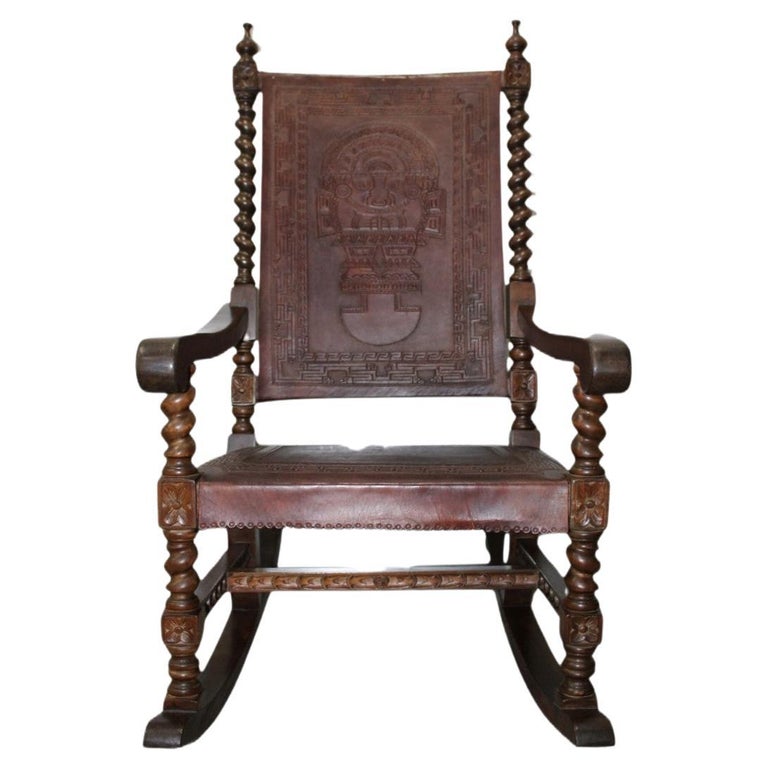 Hand Carved Rocking Chair w/Tooled Leather For Sale at 1stDibs
