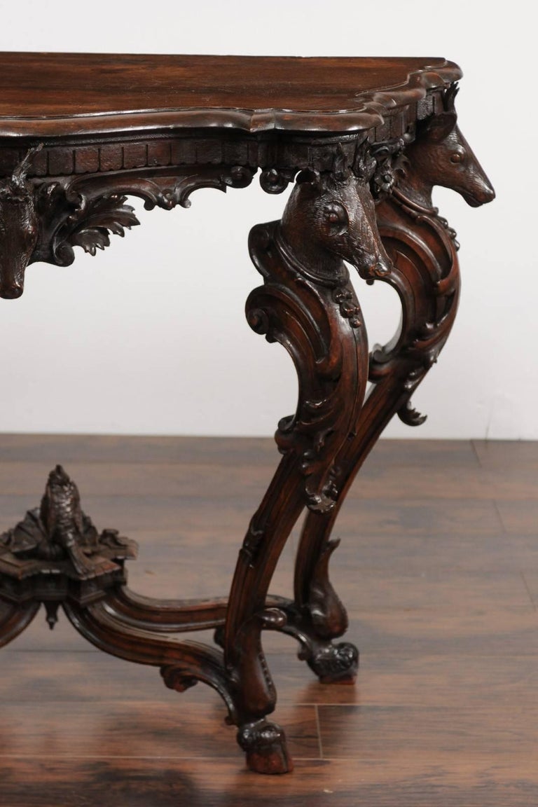 English Rococo Style 1880s Carved Console Table with Deer Heads and ...