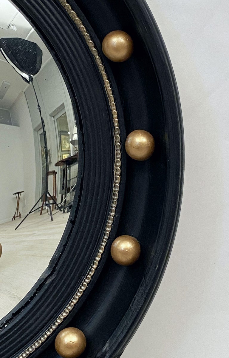 English Round Ebony Black and Gold Framed Convex Mirror (Diameter 16 1/ ...