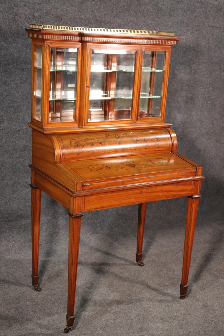 English Satinwood Adams Inlaid Secretary Desk Vitrine Top with Inkwells ...