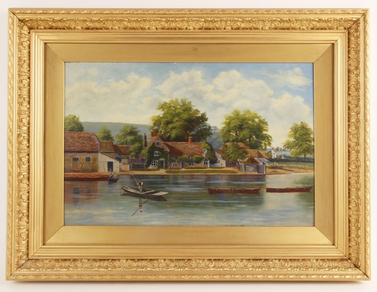English School - Antique English Oil Painting River Scene Figure in Old ...