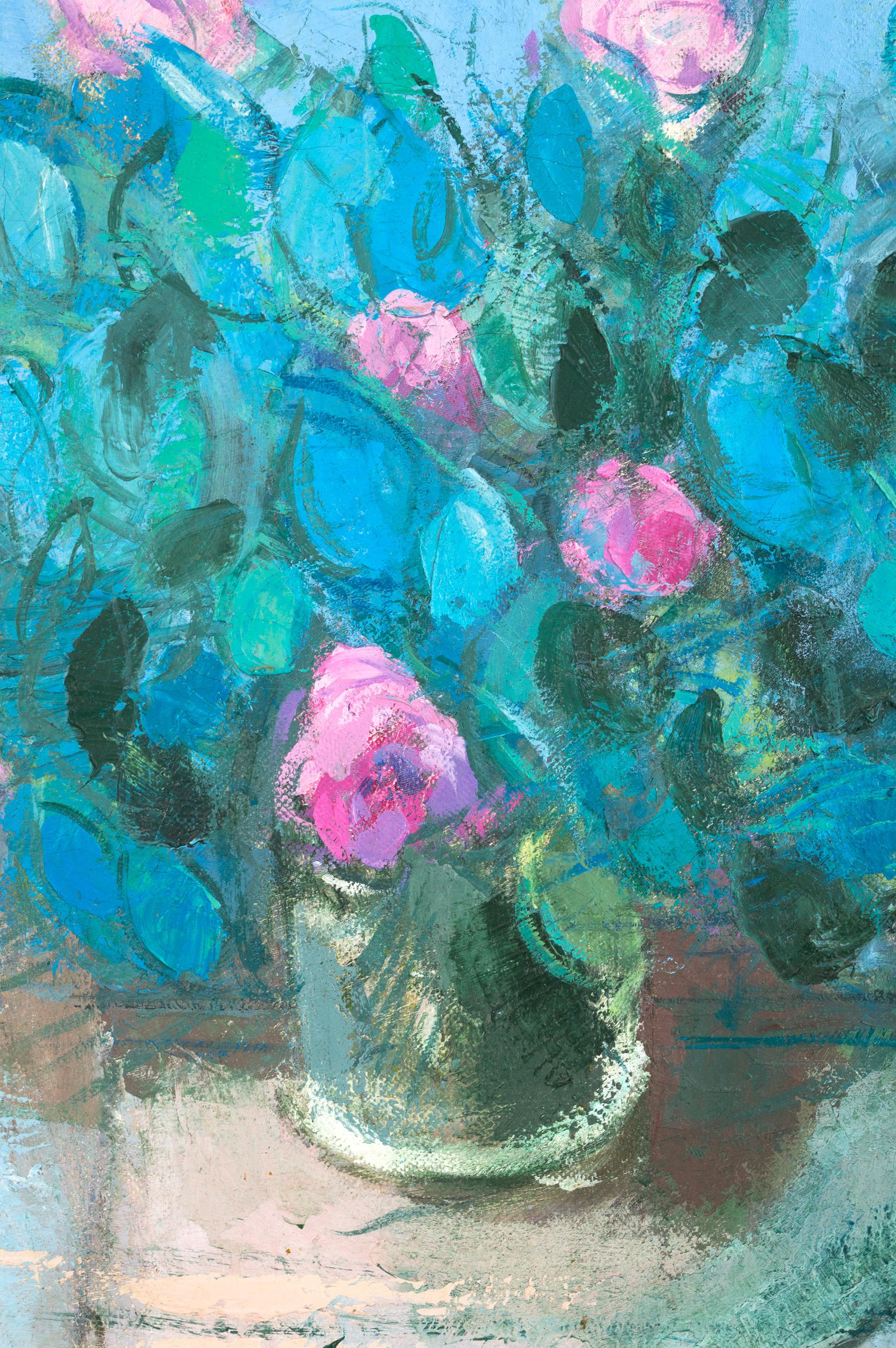 English School Impressionist Oil on Board Pink Roses Signed R. Robbins ...