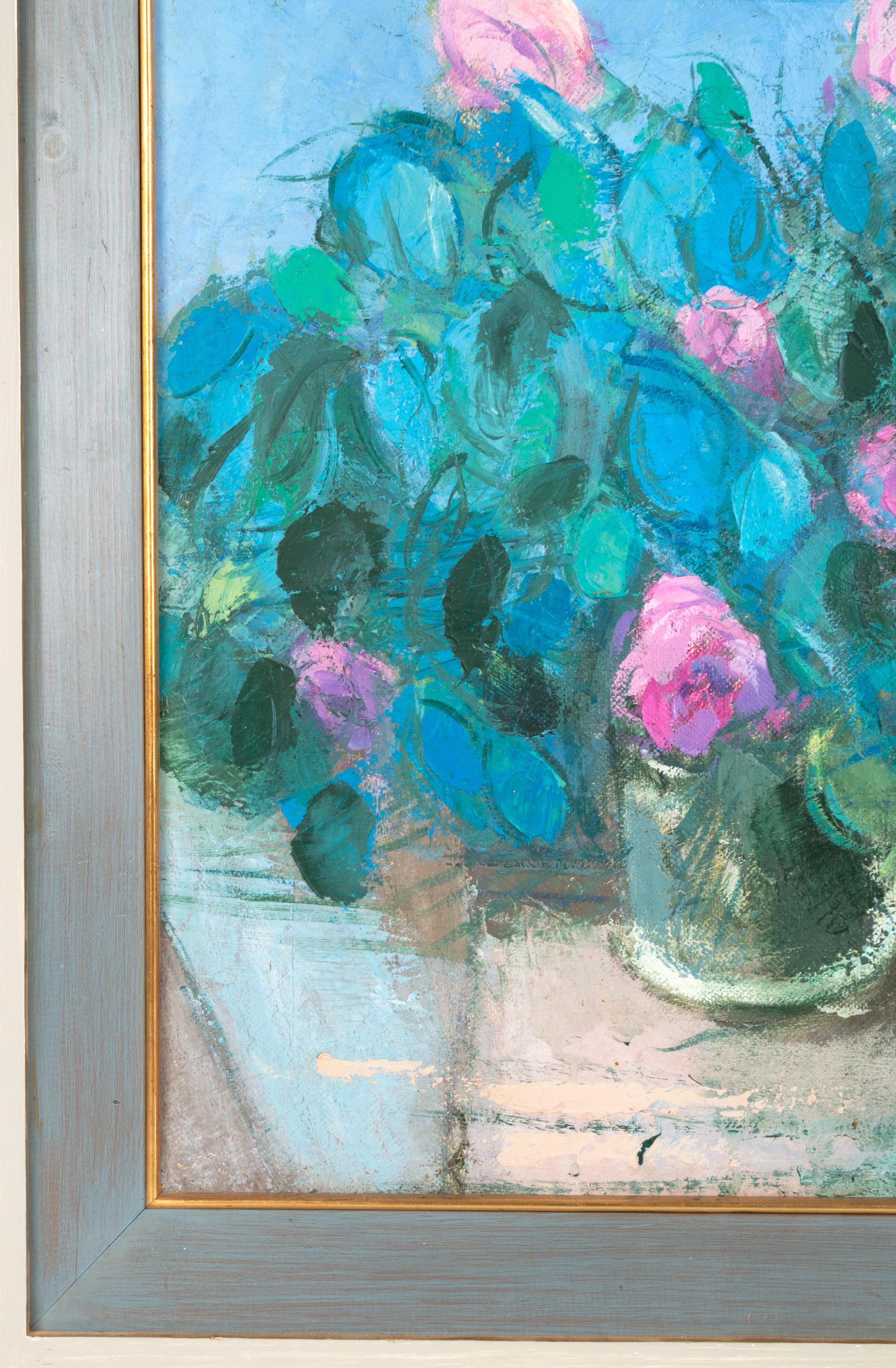 English School Impressionist Oil on Board Pink Roses Signed R. Robbins ...