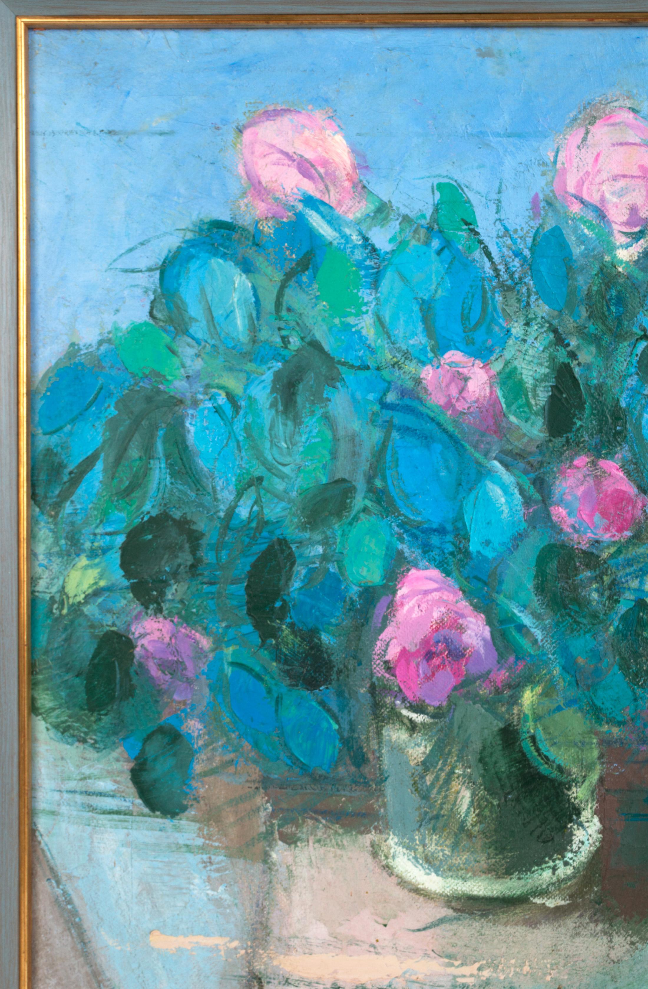 English School Impressionist Oil on Board Pink Roses Signed R. Robbins ...