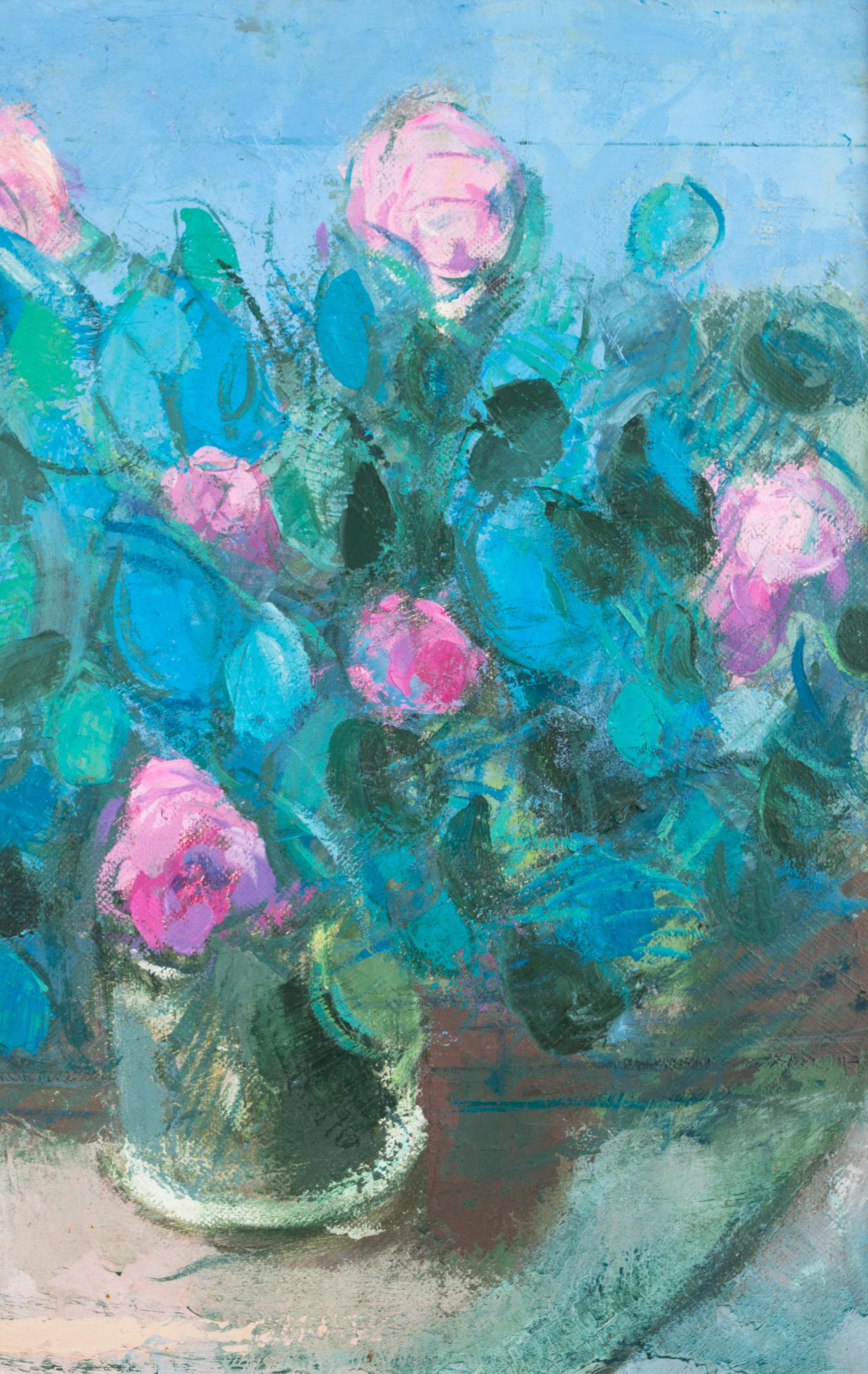 English School Impressionist Oil on Board Pink Roses Signed R. Robbins ...