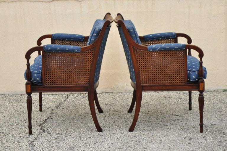 English Sheraton Style Regency Cane Mahogany Frame Lounge Arm Chairs, a ...