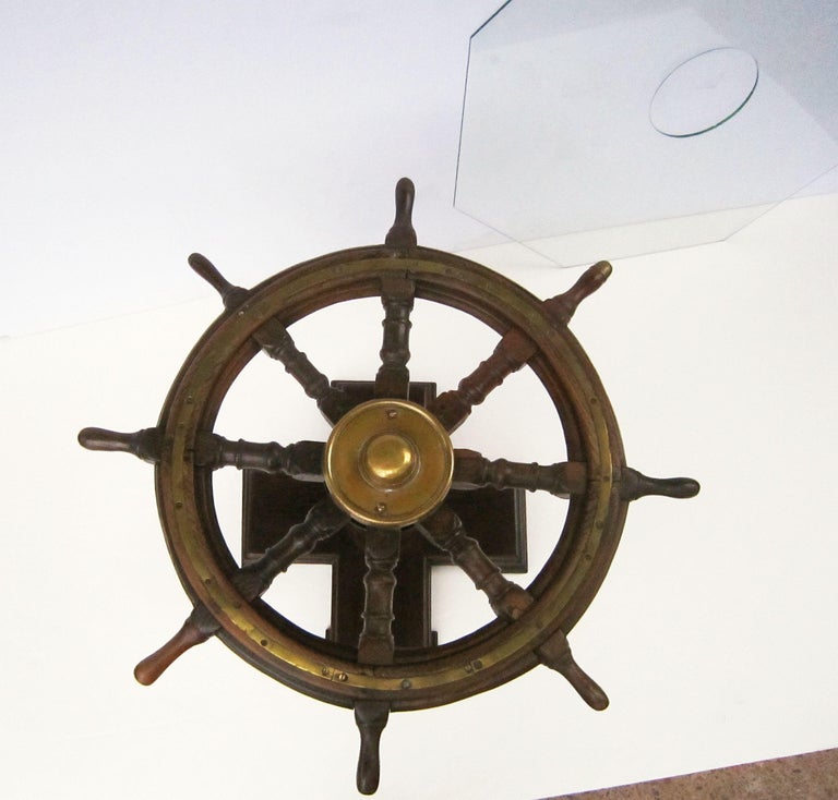 English Ship's Wheel Table of Oak and Brass with Octagonal Glass Top at ...