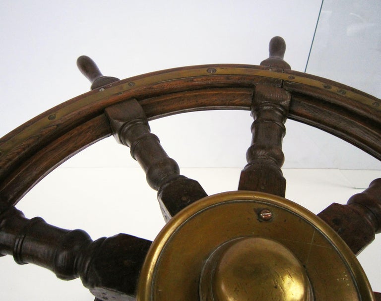 English Ship's Wheel Table of Oak and Brass with Octagonal Glass Top at ...