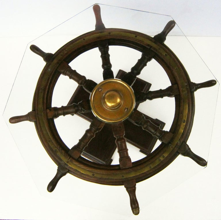 English Ship's Wheel Table of Oak and Brass with Octagonal Glass Top at ...