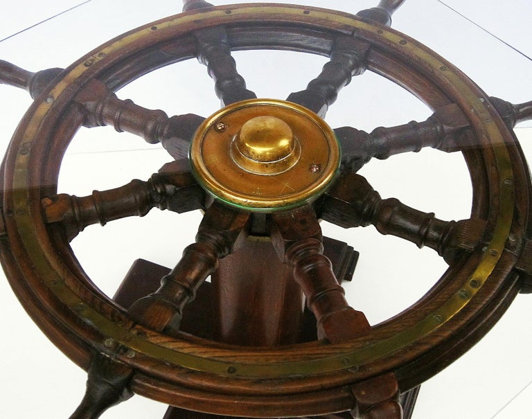English Ship's Wheel Table of Oak and Brass with Octagonal Glass Top at ...