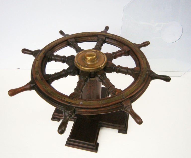 English Ship's Wheel Table of Oak and Brass with Octagonal Glass Top at ...