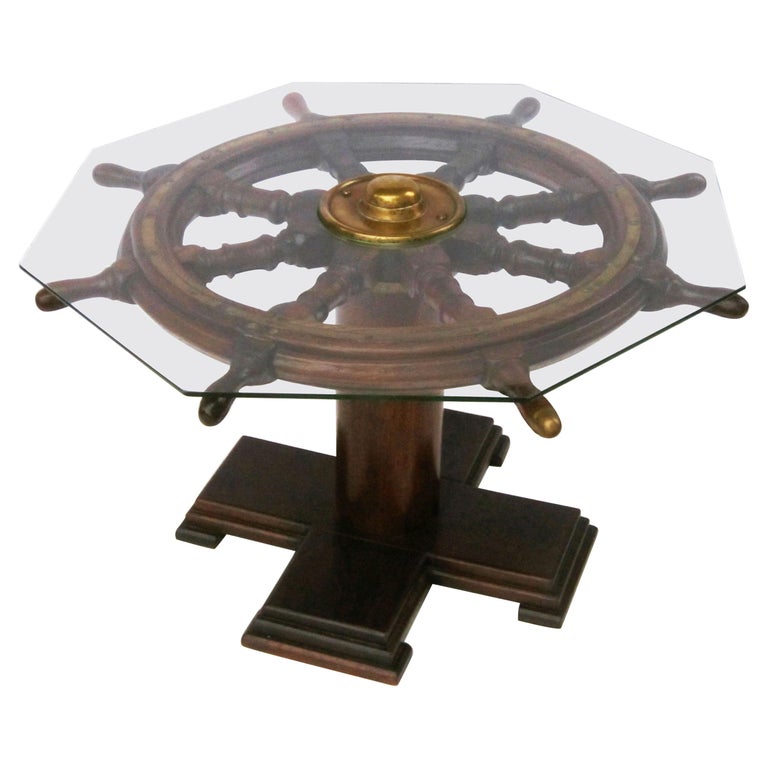 English Ship's Wheel Table of Oak and Brass with Octagonal Glass Top at ...