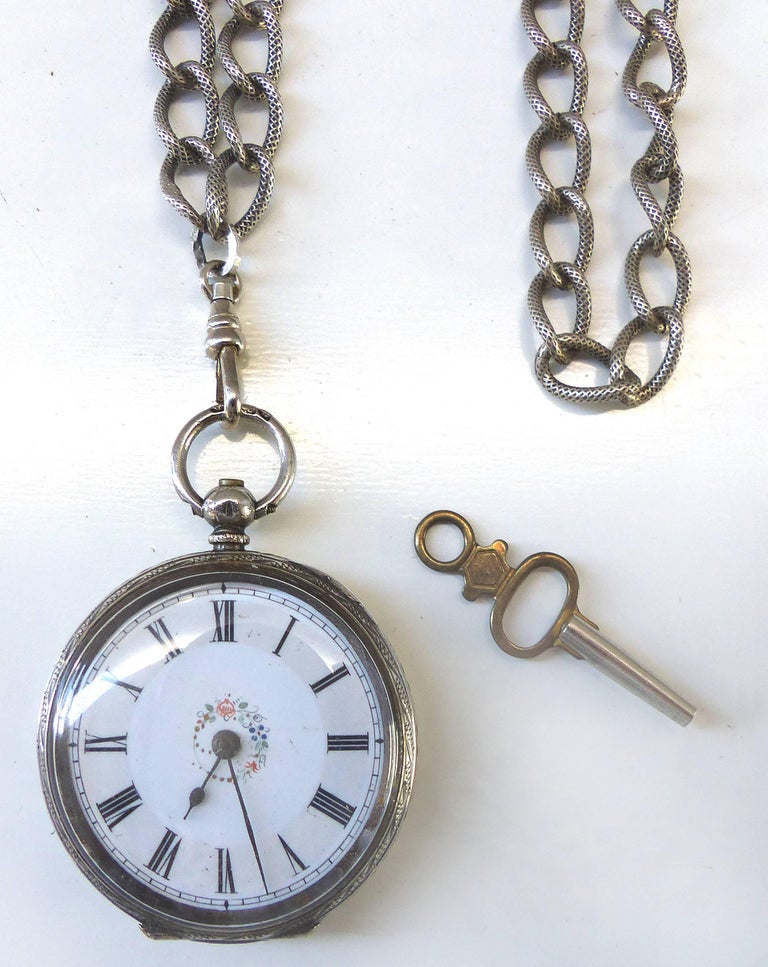 English Silver and Enamel Key-wind Pocket Watch with Original Key For ...