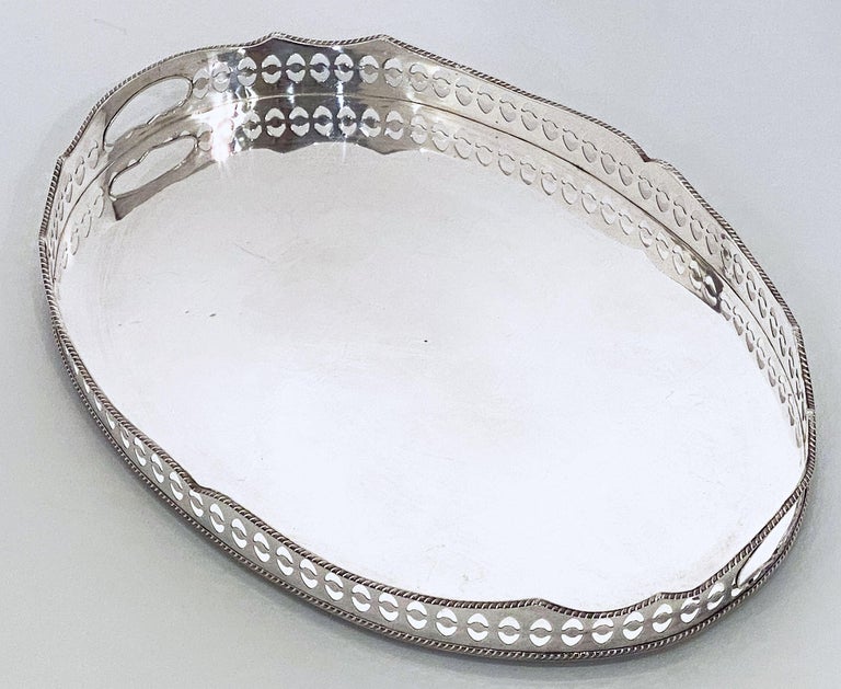 English Silver Oval Gallery Serving or Drinks Tray For Sale at 1stDibs