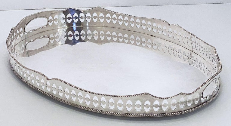 English Silver Oval Gallery Serving or Drinks Tray For Sale at 1stDibs