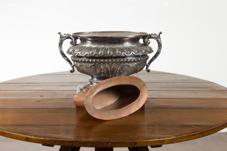 English Silver Plate Oval Cachepot with Copper Liner and Foliage Motifs ...